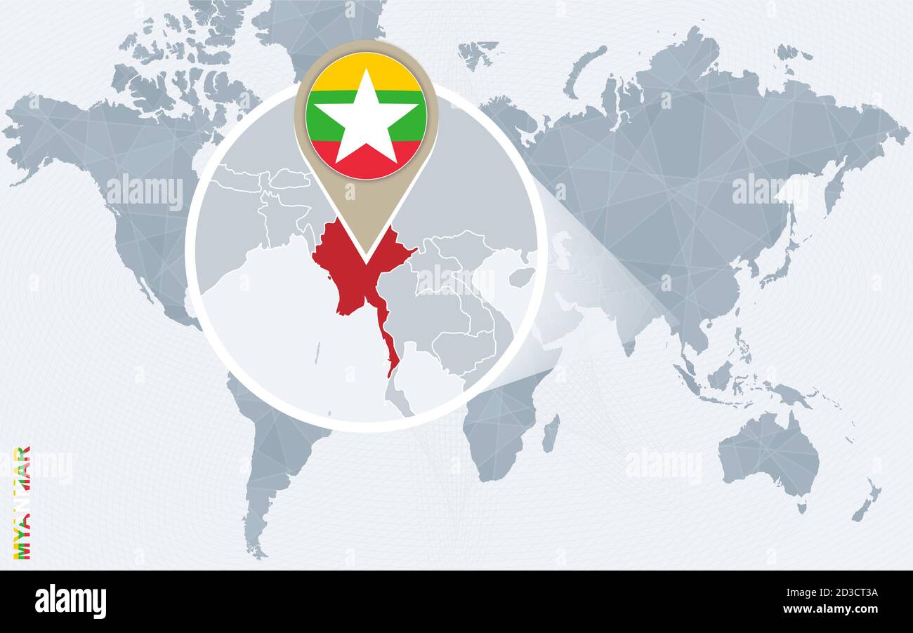 Abstract blue world map with magnified Myanmar. Myanmar flag and map. Vector Illustration Stock ...