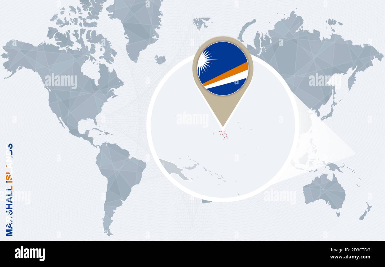 Abstract blue world map with magnified Marshall Islands. Marshall Islands flag and map. Vector ...