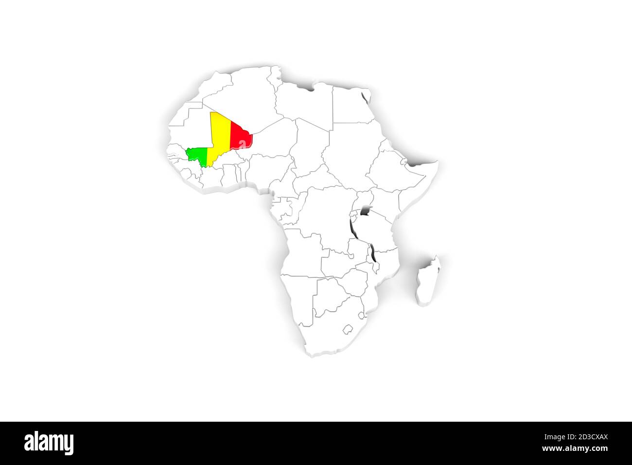 Africa 3d map with borders marked - Mali area marked with Mali flag ...