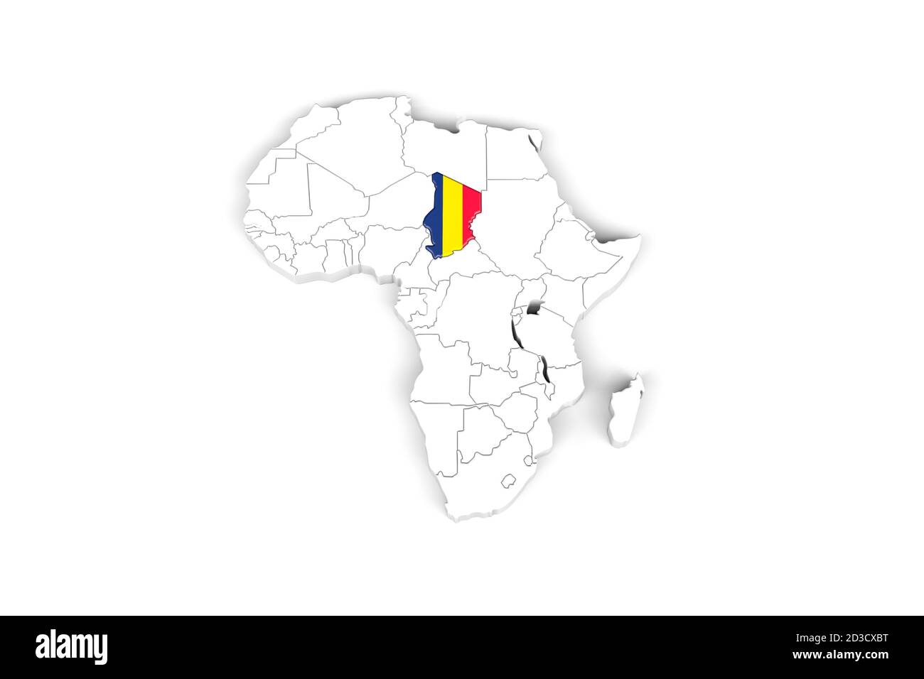 Africa 3d map with borders marked - Chad area marked with Chad flag ...