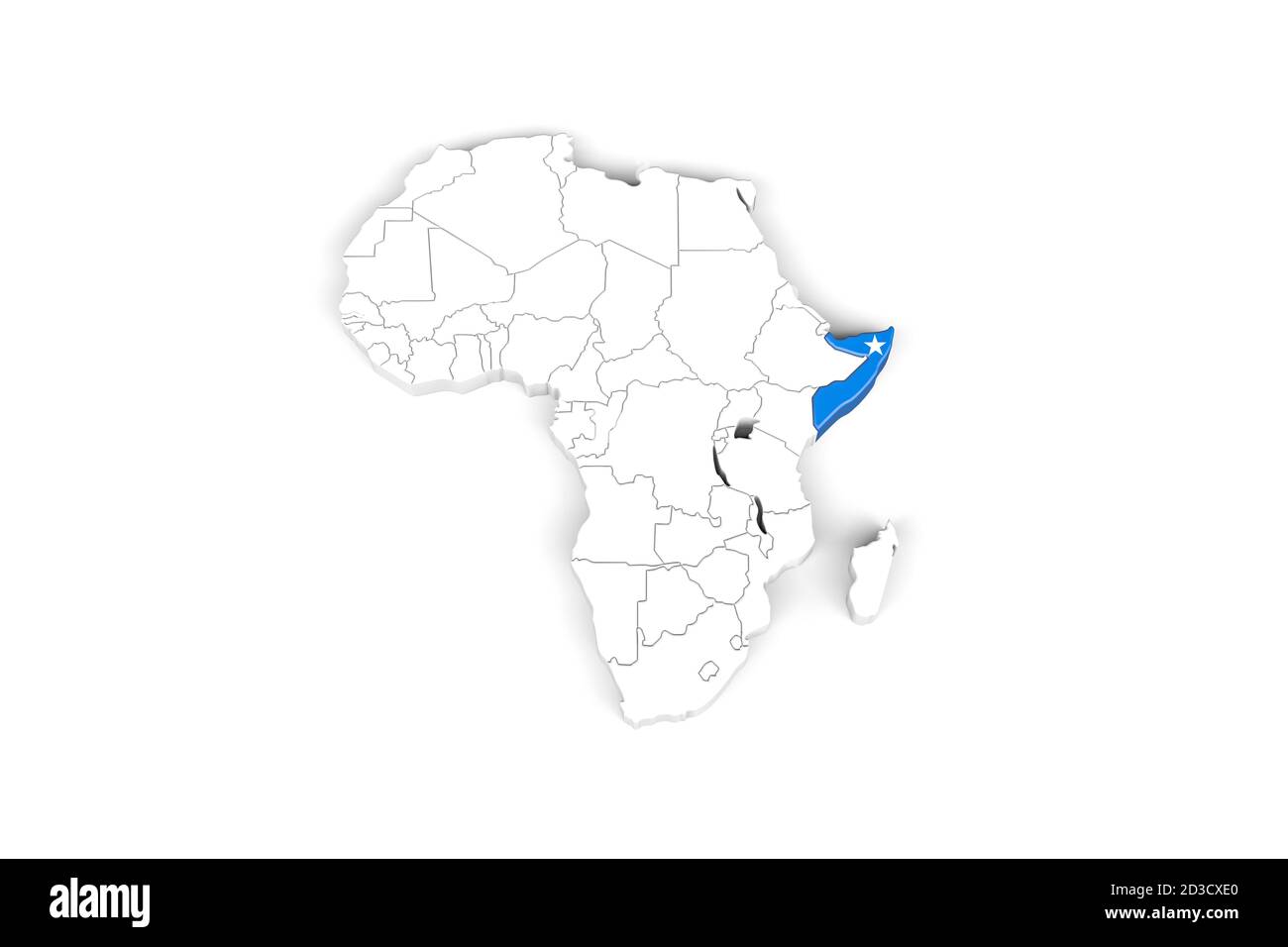 Africa 3d map with borders marked - Somalia area marked with Somalia ...