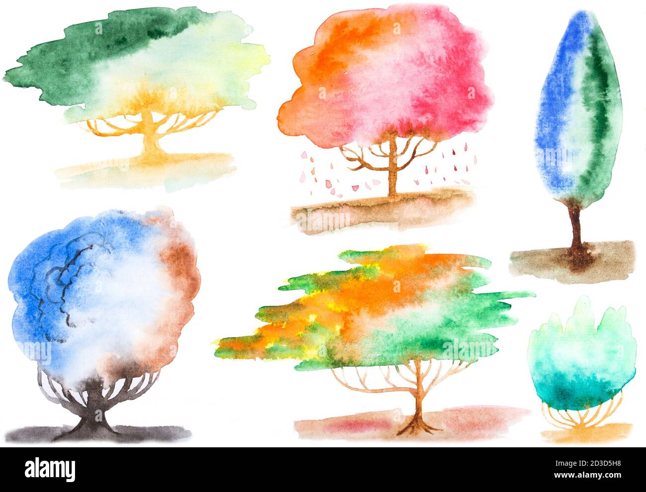 Watercolor hand painted tree shape elements of different colors for ...