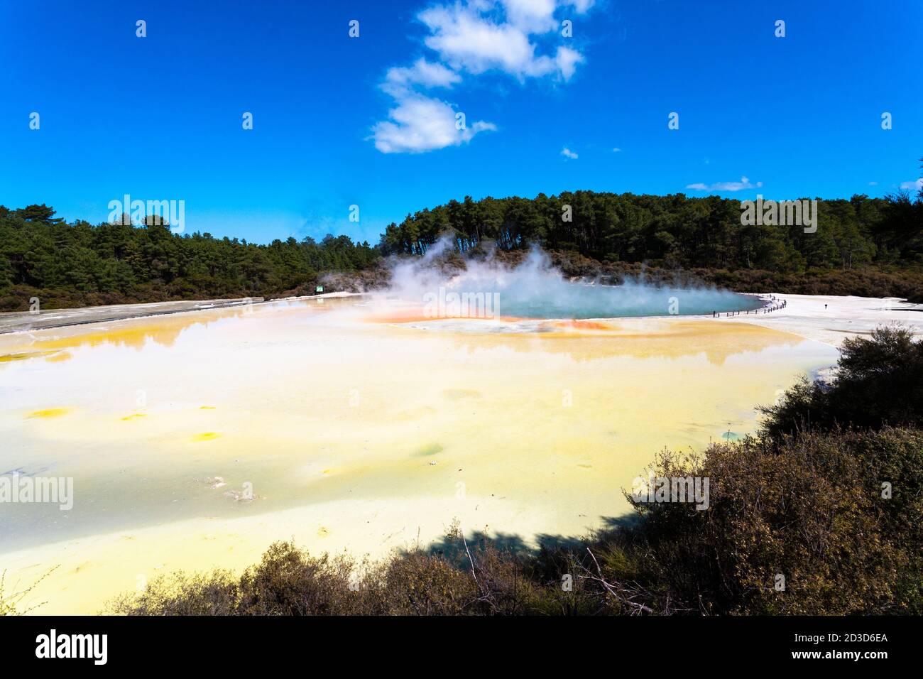 Large thermal pools with mist rising and yellow sulphur deposits Stock ...