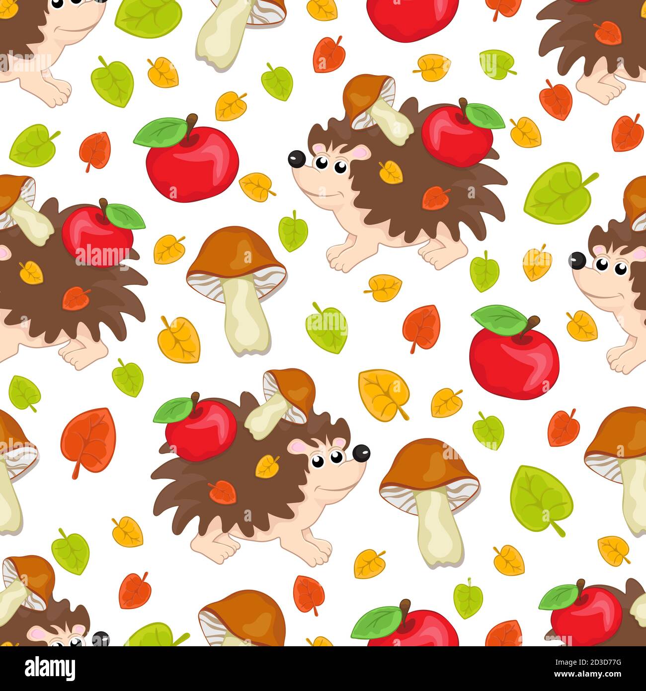 Cute hedgehog, multicolored apples and mushrooms seamless pattern ...