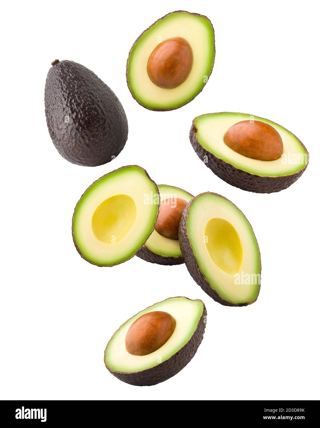 Falling avocado, clipping path, isolated on white background full depth ...