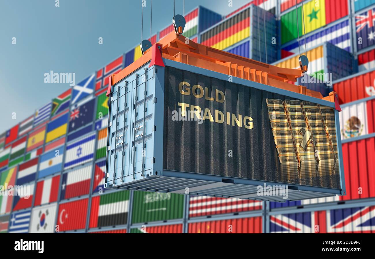 Cargo container with advertising for Gold Trading on the site panel. 3D ...