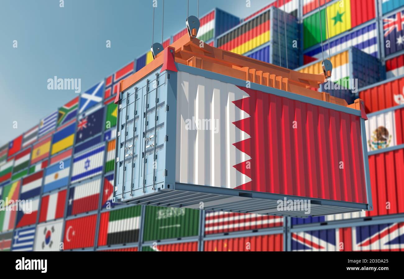 Freight container with Bahrain national flag. 3D Rendering Stock Photo ...