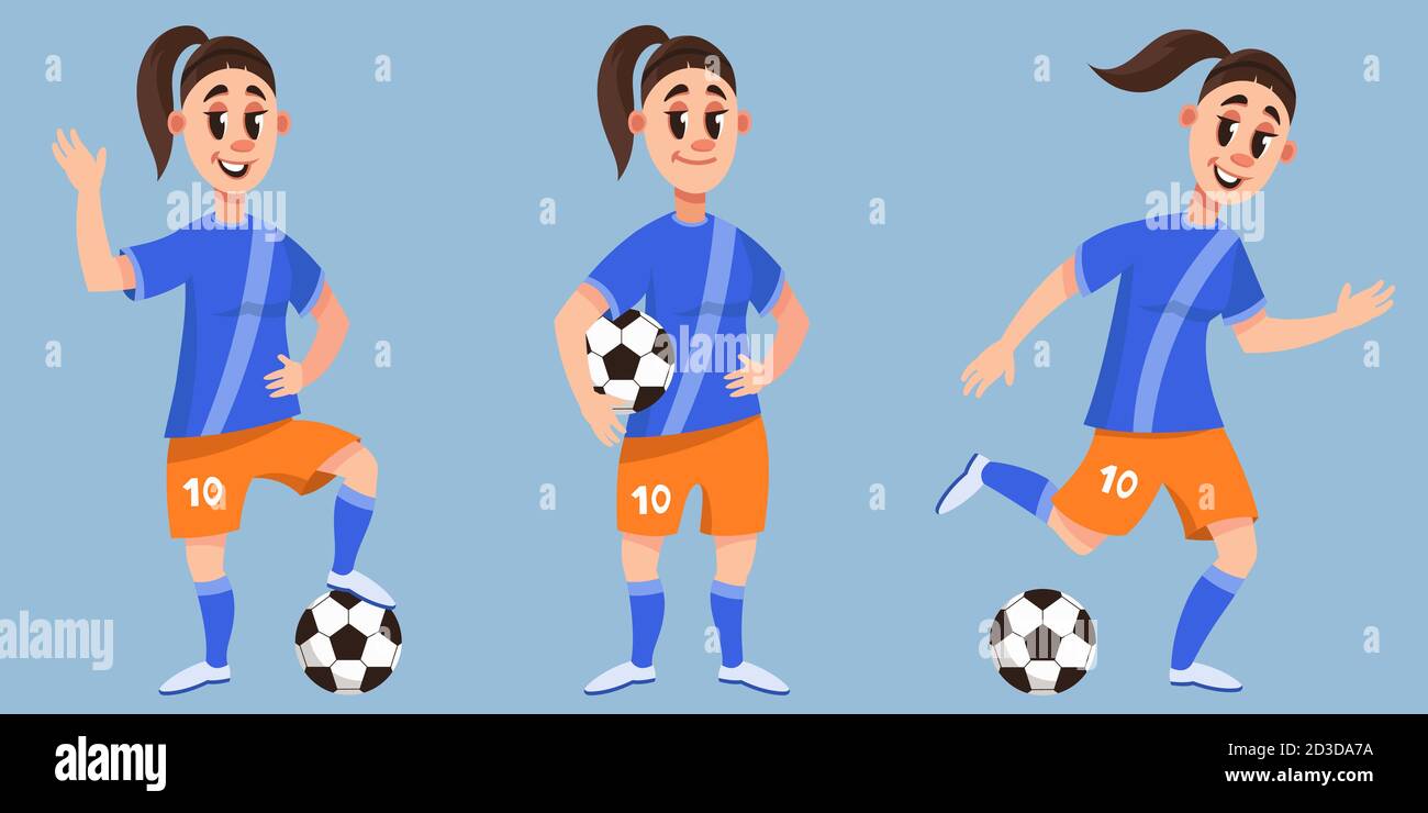 Footballer in different poses. Female character in cartoon style Stock ...
