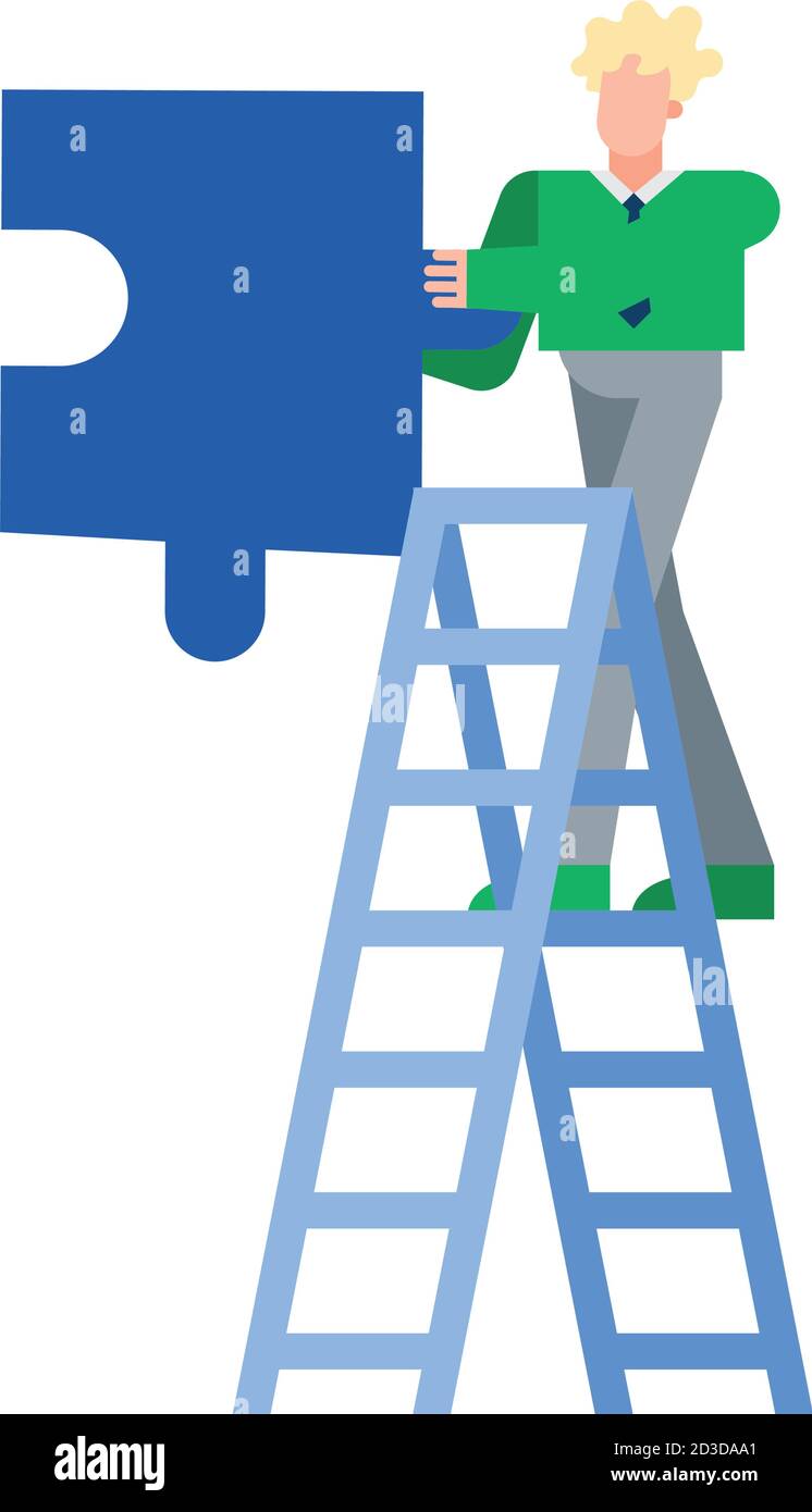 blond man with puzzle on ladder design, Jigsaw game and teamwork theme ...
