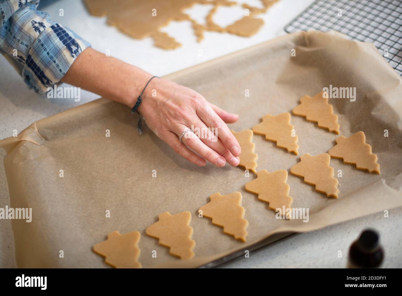 High angle close up of woman placing Christmas Tree cookies on a baking ...