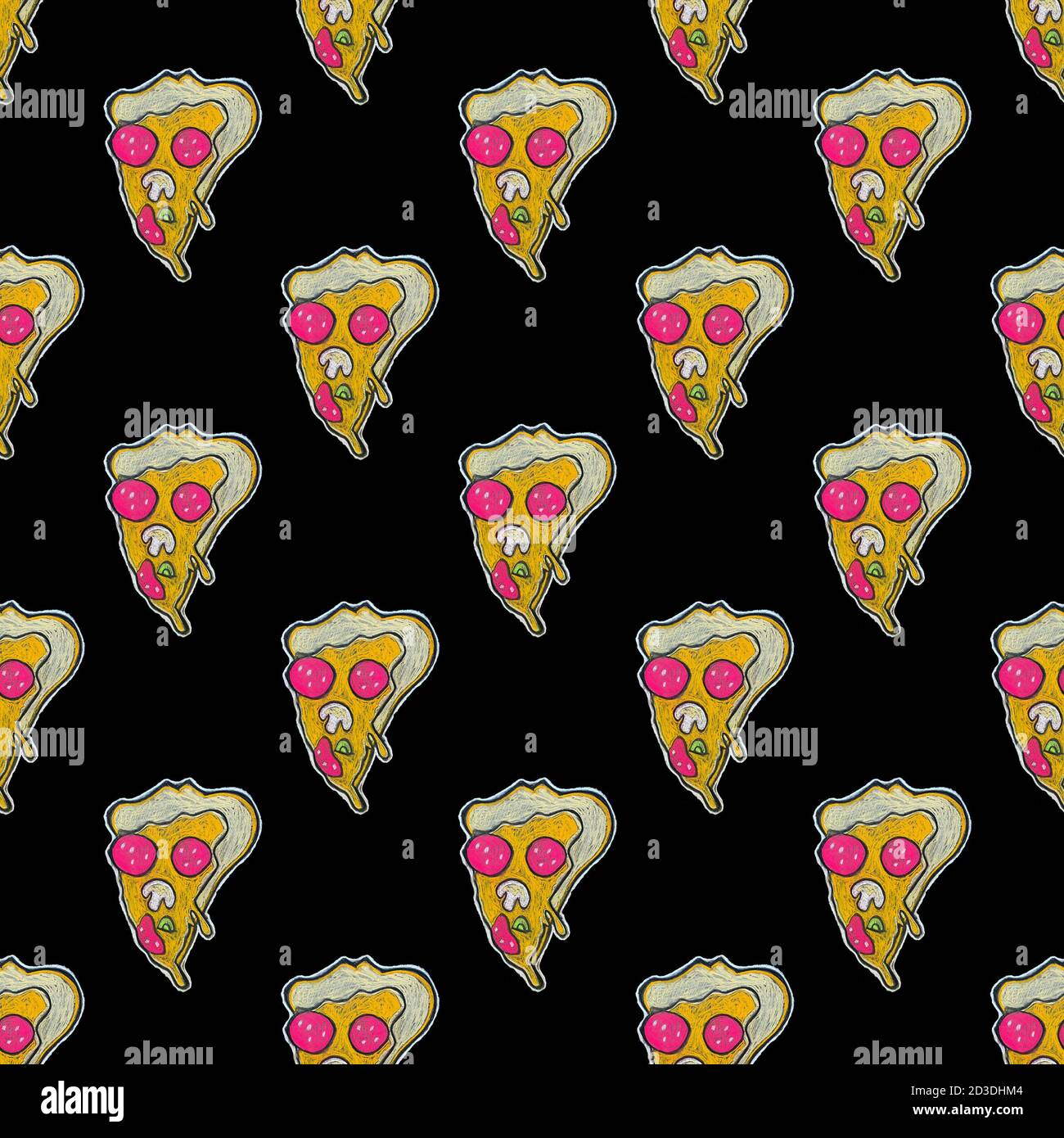 Drawing with crayons on a black board. Seamless pattern. Pizza slices ...