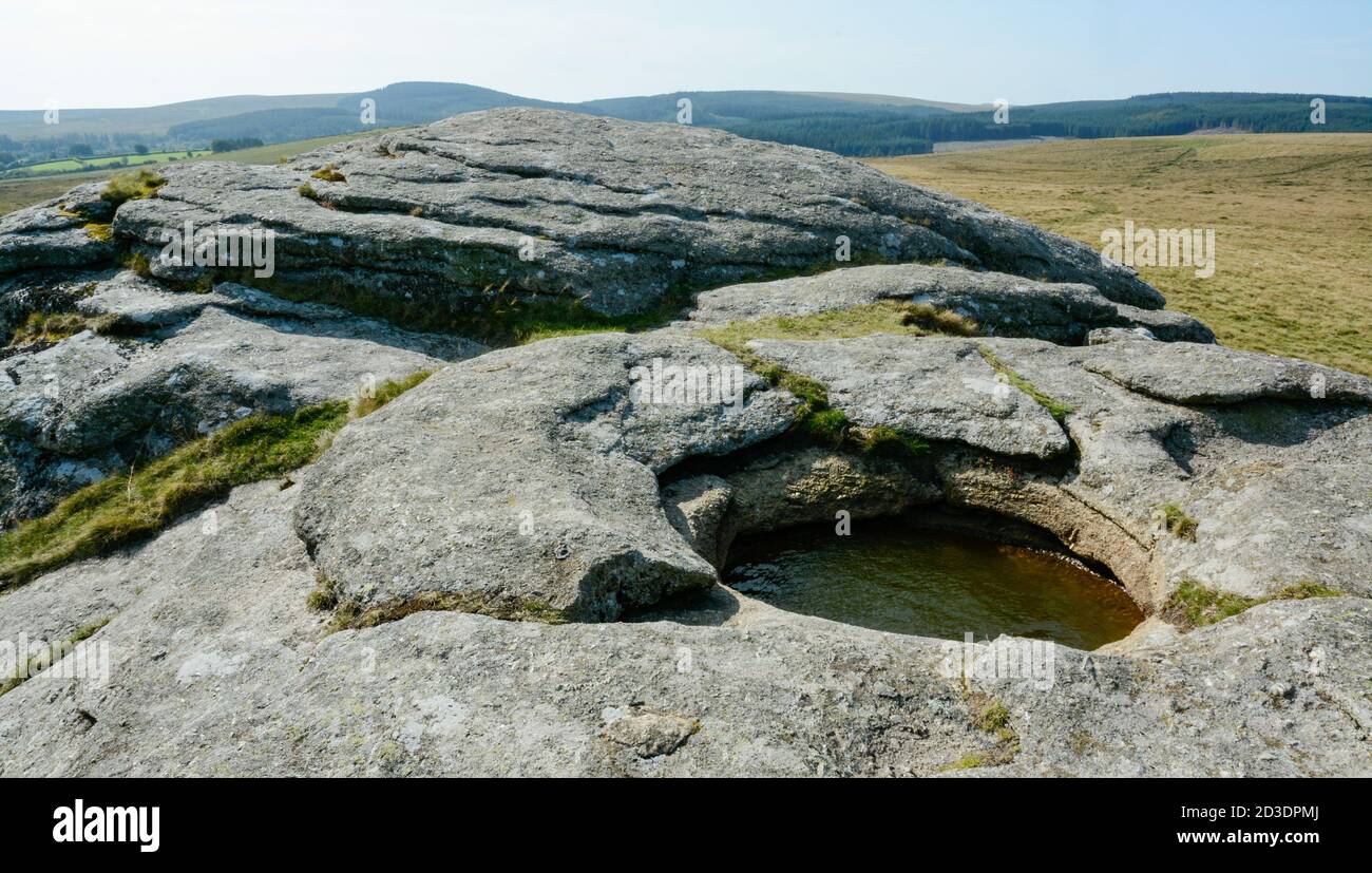 Naturally formed Rock Basin at Kestor Rock on Dartmoor Stock Photo - Alamy