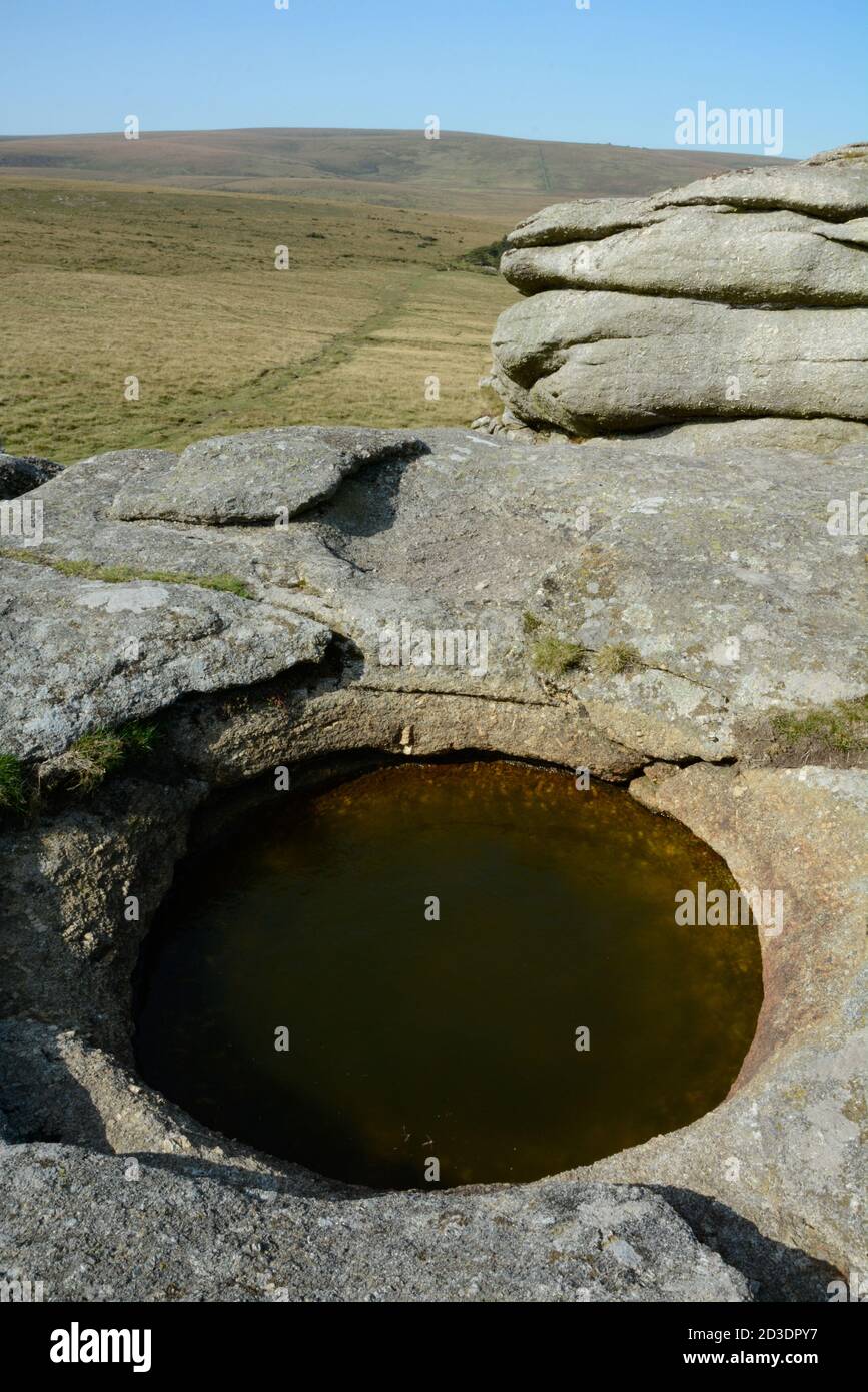 Naturally formed Rock Basin at Kestor Rock on Dartmoor Stock Photo - Alamy