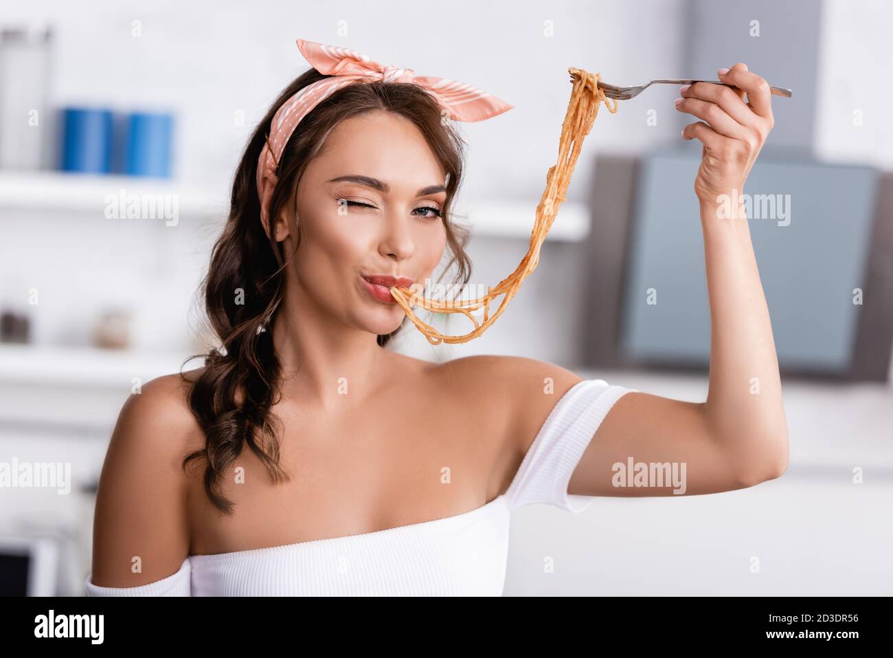 Adult eating spaghetti at home hi-res stock photography and images - Alamy