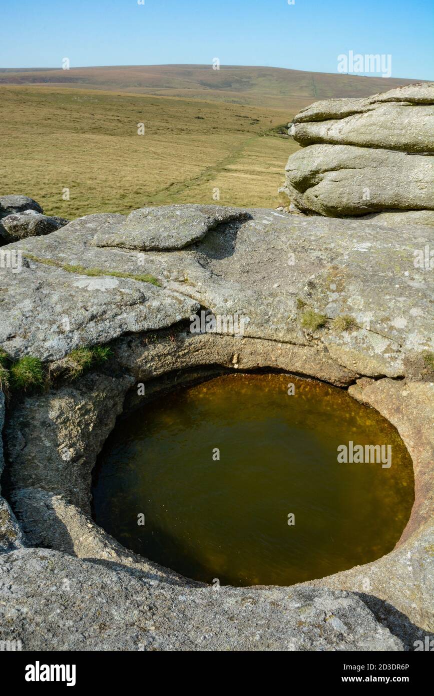 Naturally formed Rock Basin at Kestor Rock on Dartmoor Stock Photo - Alamy