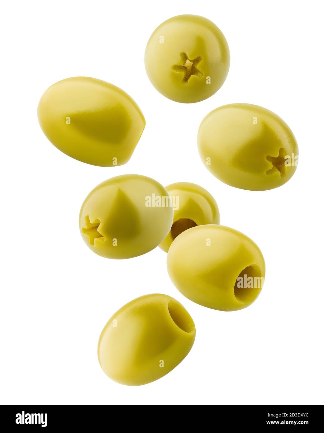 Falling pitted olive isolated on white background, clipping path, full ...