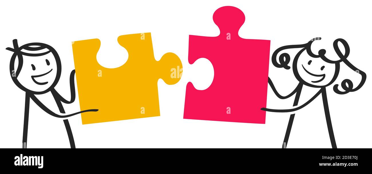Cartoon man and woman putting together matching colorful jig saw puzzle ...