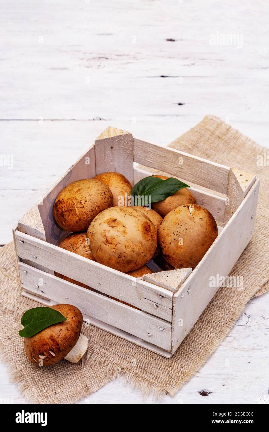 Whole brown royal champignon mushrooms in crafted wooden crate. Raw ...