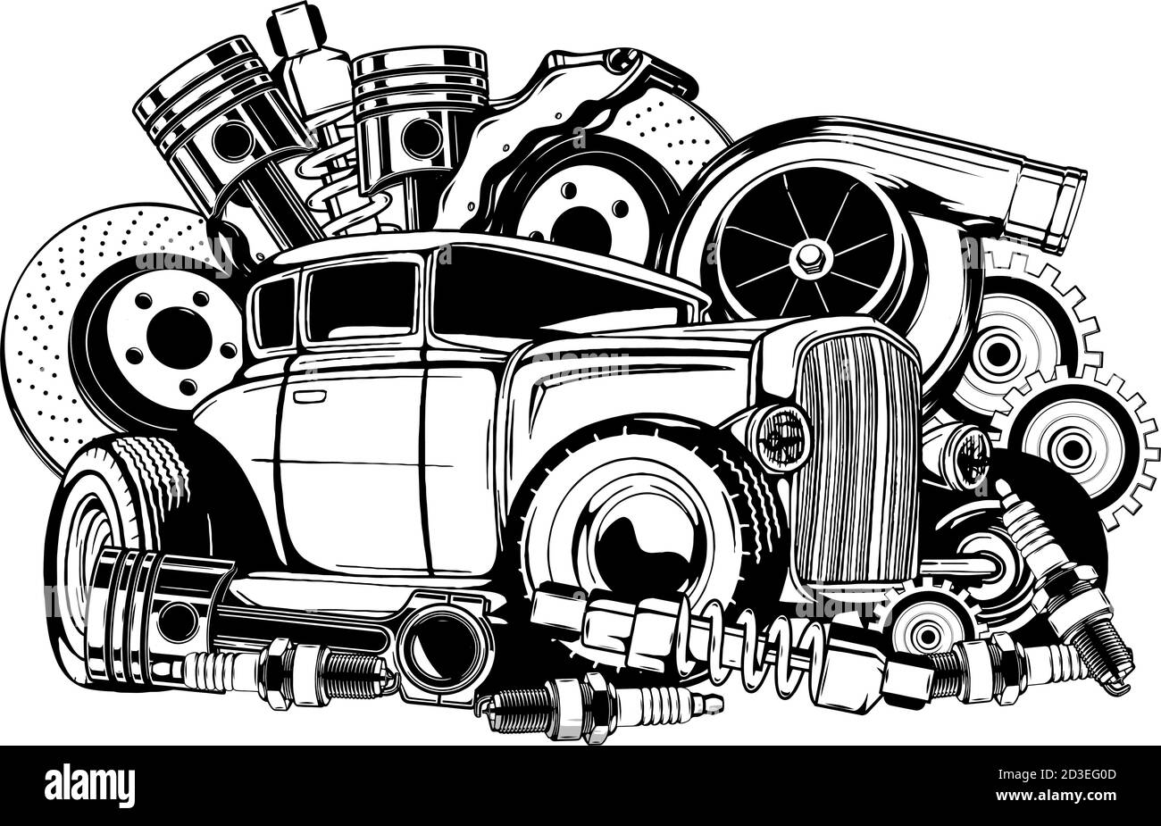 Vintage car and components collection in black and white Stock Vector ...
