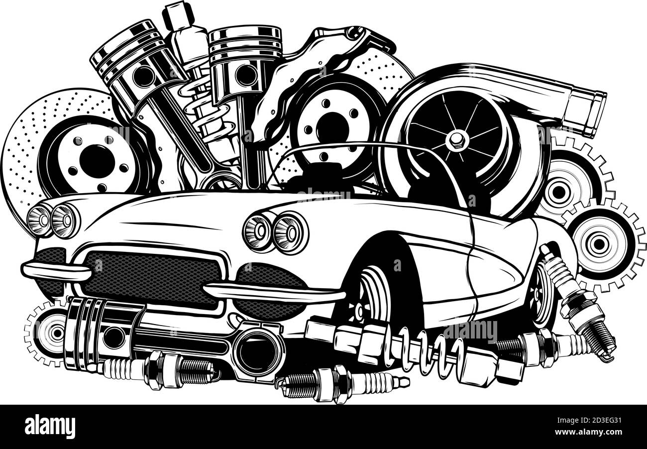 Vintage car and components collection in black and white Stock Vector ...