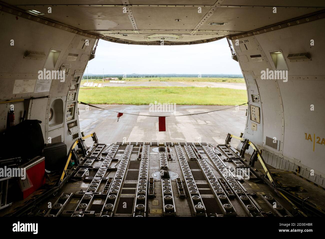 View of the big opening at the front of a Jumbo Jet freighter aircraft ...
