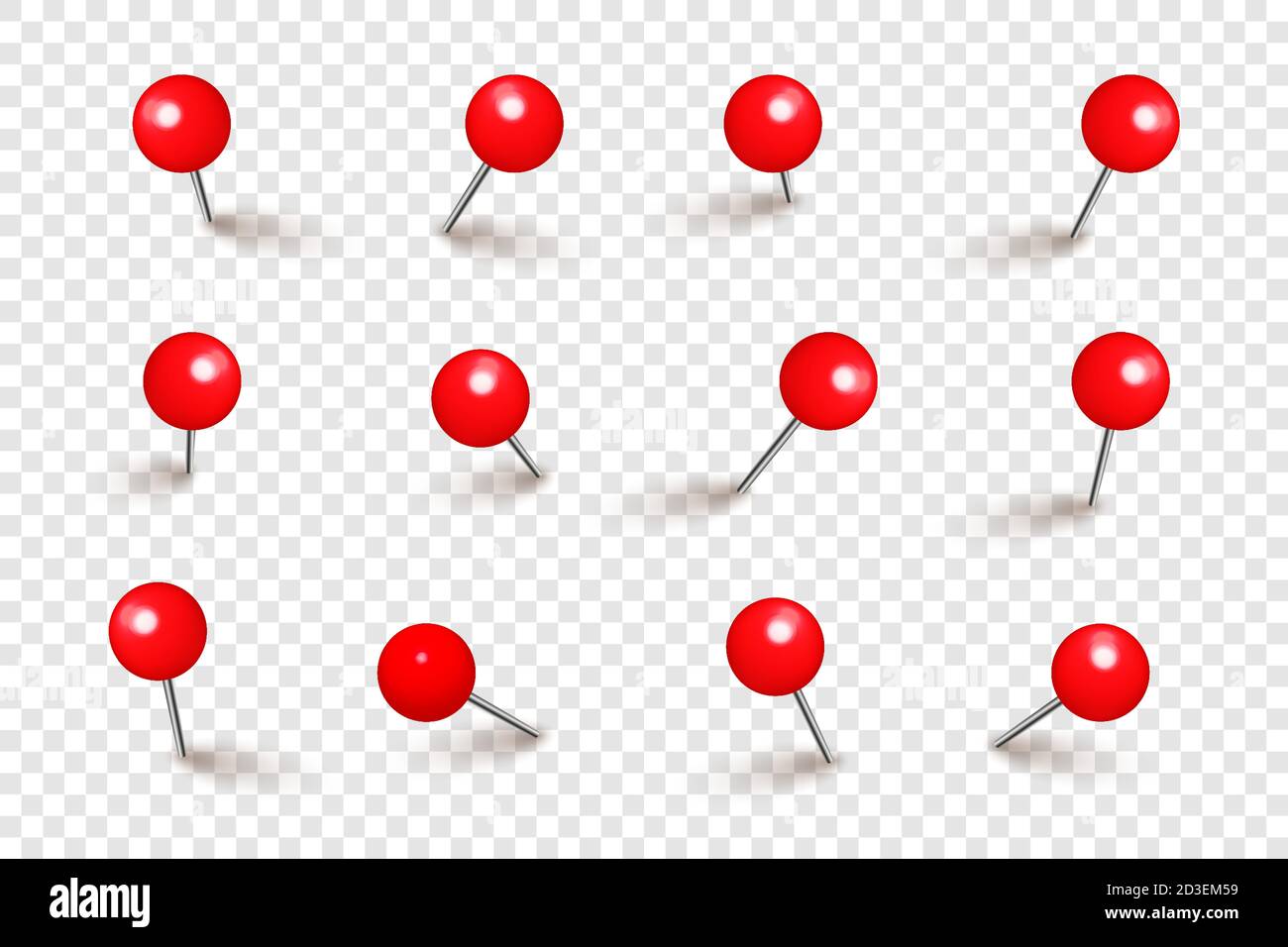Realistic red push pins. Board tacks isolated on transparent background ...