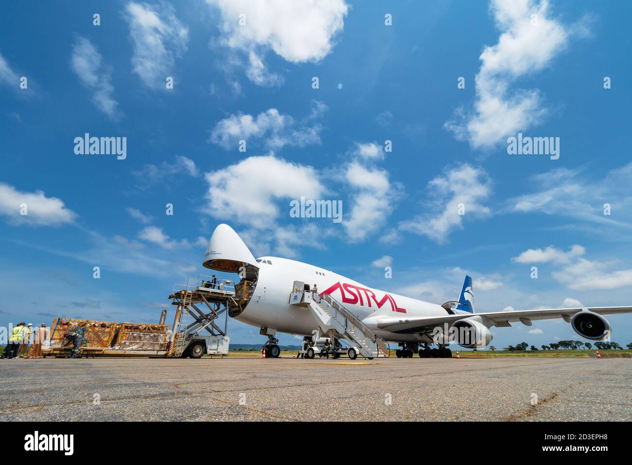 Scenic view of a Boeing 747 Jumbo Jet freighter aircraft with a wide ...