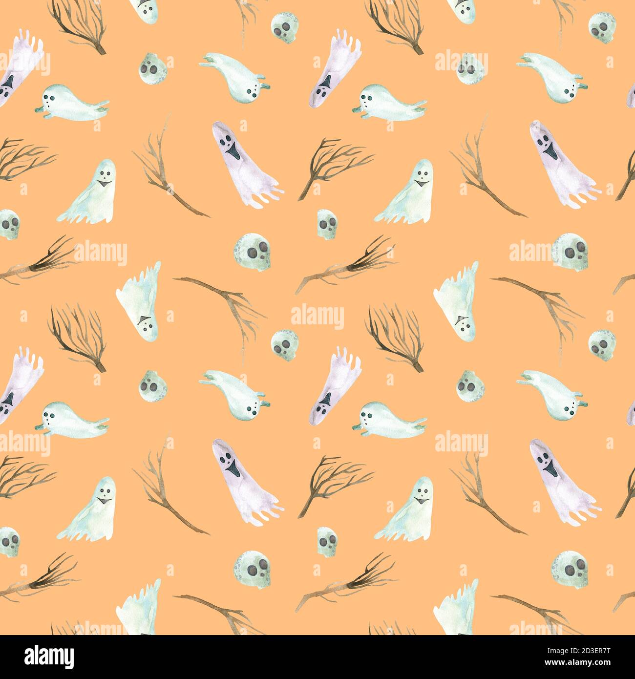 Seamless pattern of Halloween ghosts skull branches on a orange ...