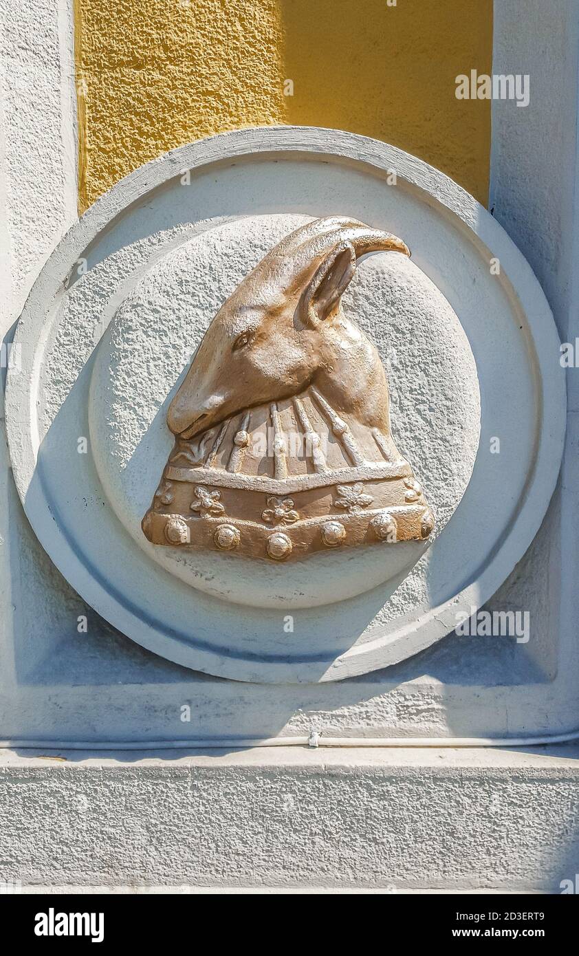 Relief of a goat's head, the emblem from the helmet of albanian hero ...