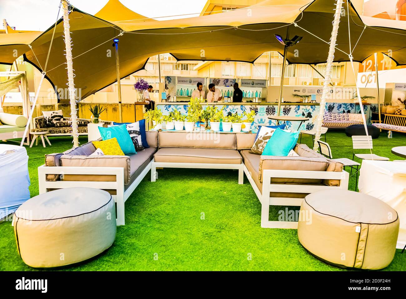 Johannesburg, South Africa - October 11 2018: Outdoor beer garden cocktail lounge with comfy ...