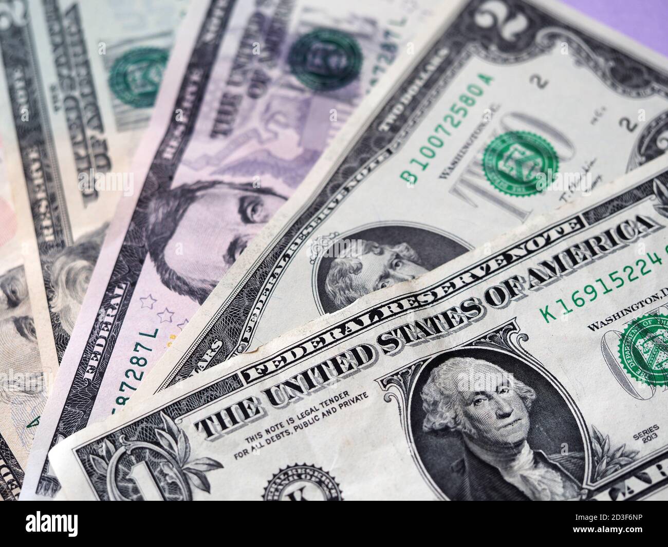 A photo illustration of US various dollar bills ibackground. Selective ...