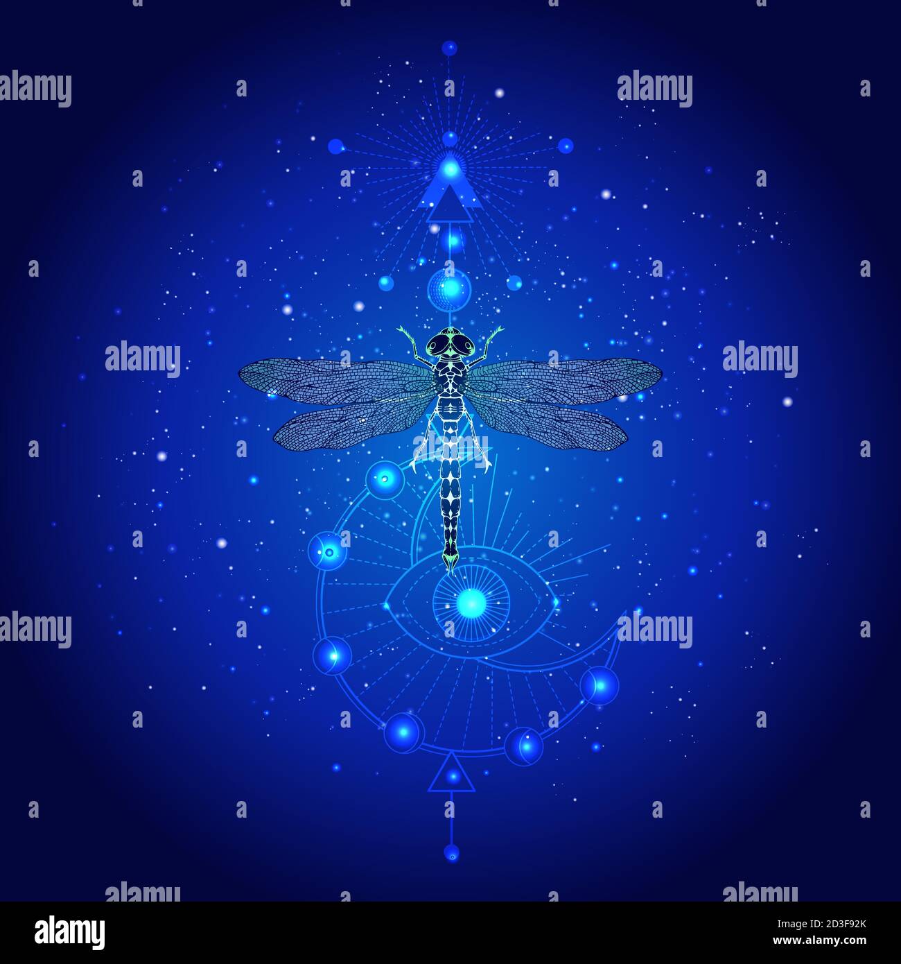 Vector illustration with hand drawn dragonfly and Sacred geometric ...