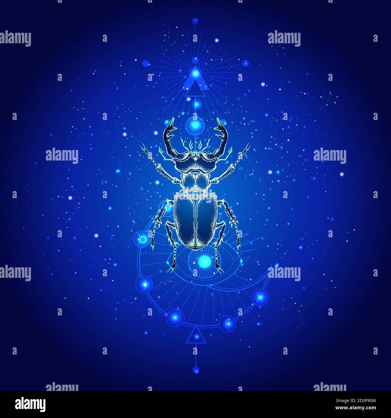 Vector illustration with hand drawn stag beetle and Sacred geometric ...