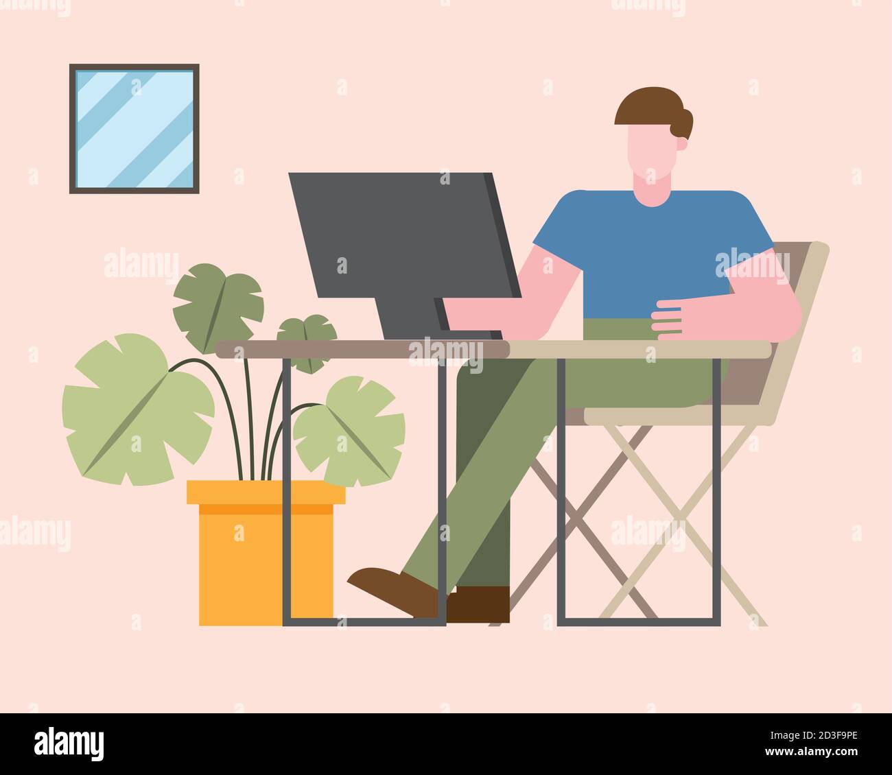 Man with computer working at desk from home design of telecommuting ...