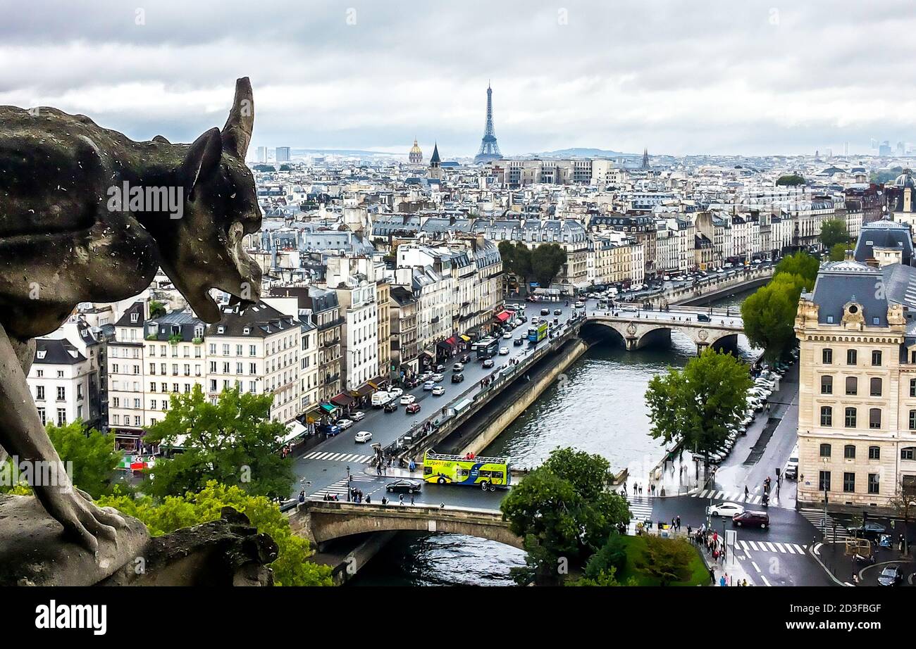 Mythical creature gargoyle on cathedral Notre Dame de Paris. Cityscape ...