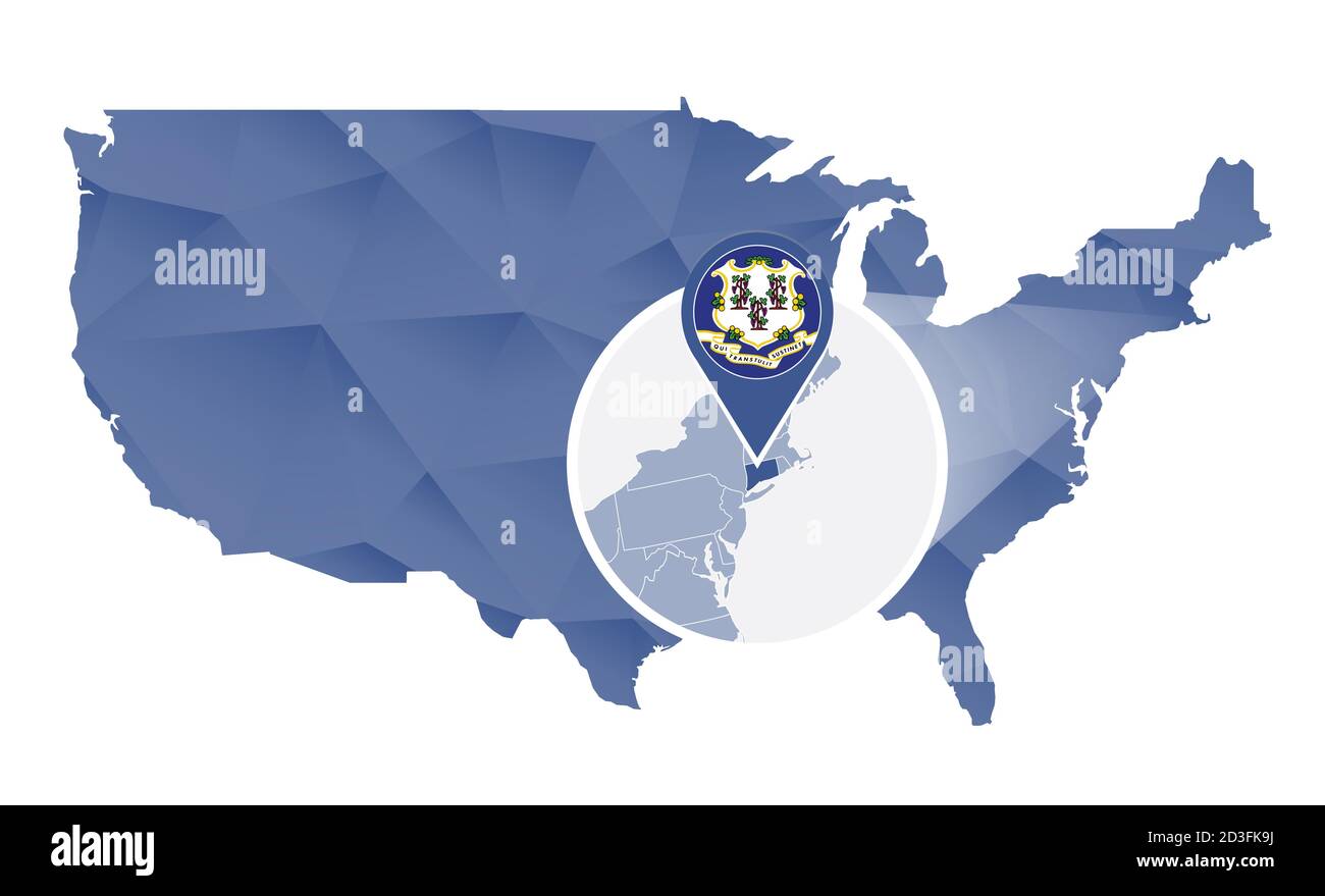 Connecticut State magnified on United States map. Abstract USA map in ...