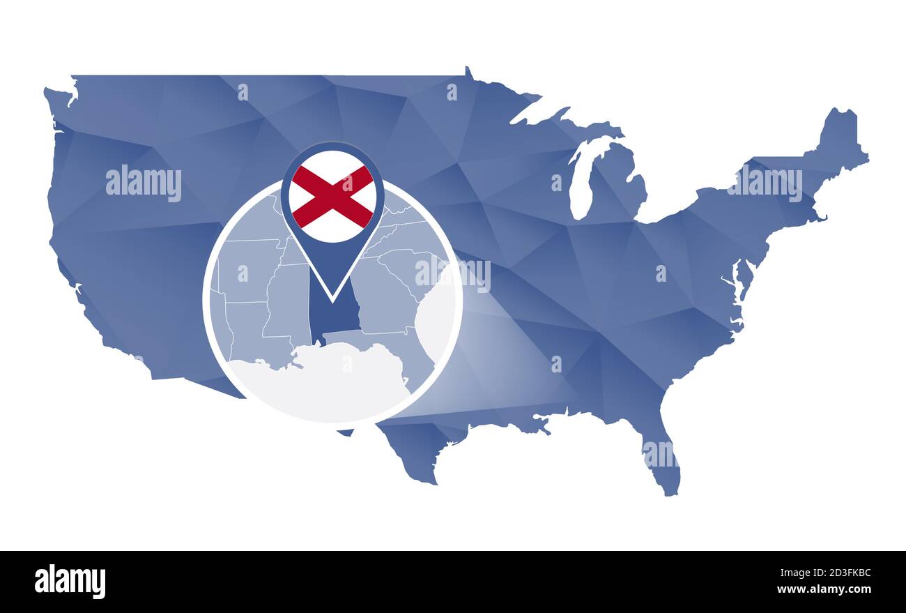 Alabama State magnified on United States map. Abstract USA map in blue ...