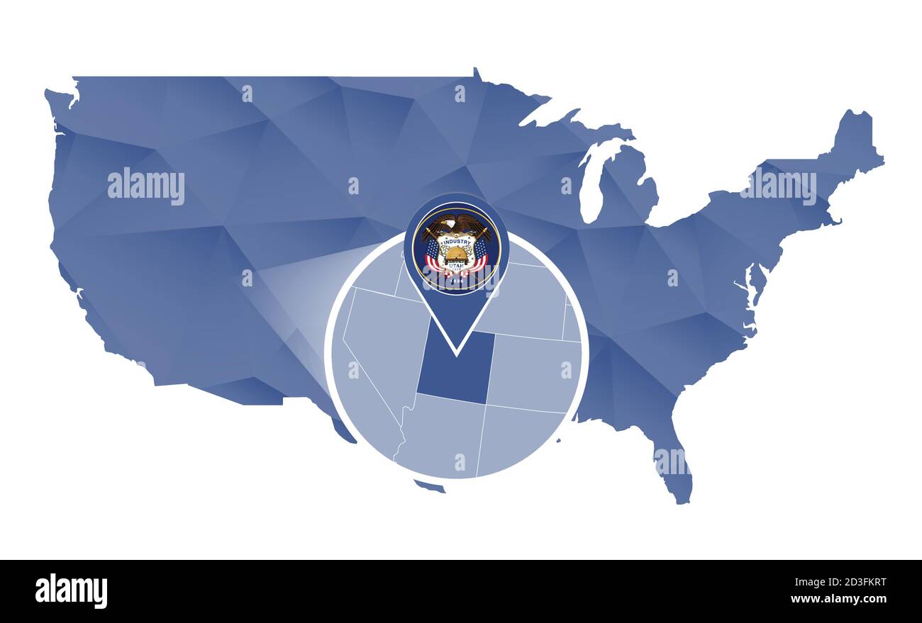 Utah State magnified on United States map. Abstract USA map in blue ...