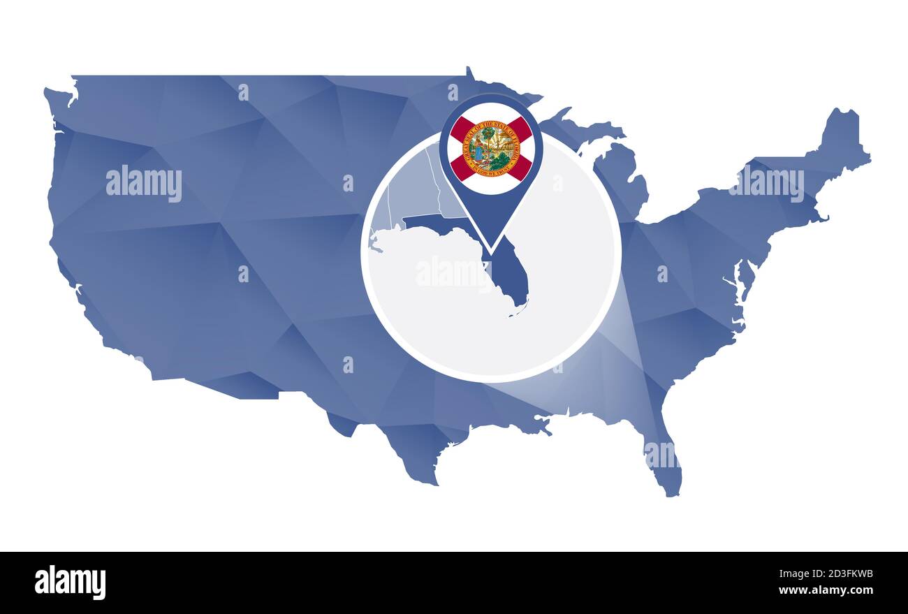 Florida State magnified on United States map. Abstract USA map in blue ...