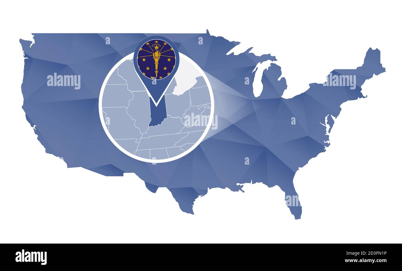Indiana State magnified on United States map. Abstract USA map in blue ...