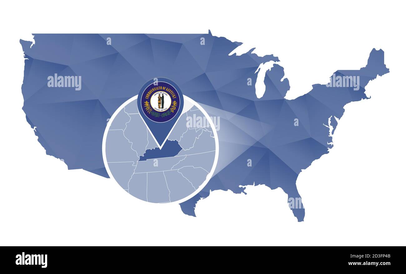Kentucky State magnified on United States map. Abstract USA map in blue ...