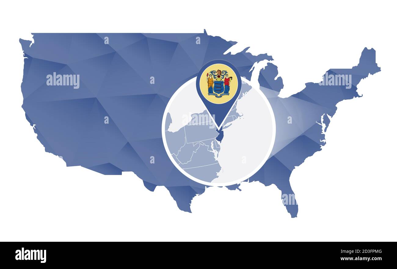 New Jersey State magnified on United States map. Abstract USA map in ...