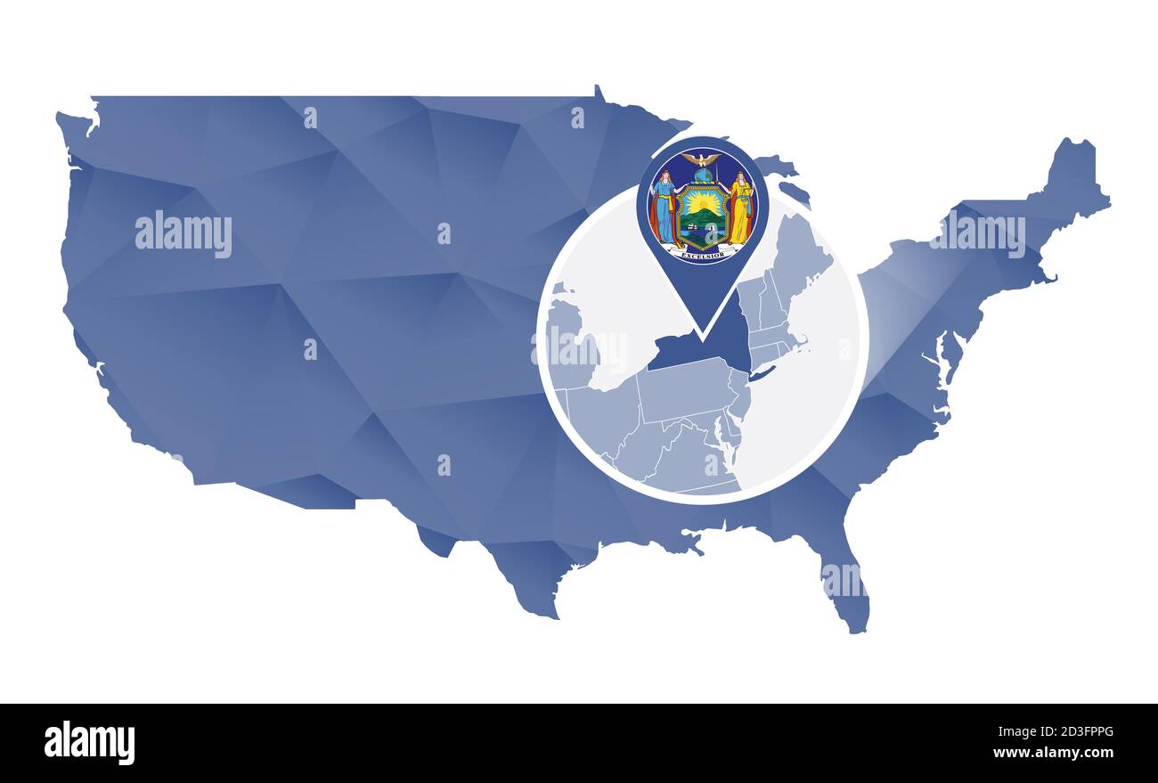 New York State magnified on United States map. Abstract USA map in blue ...