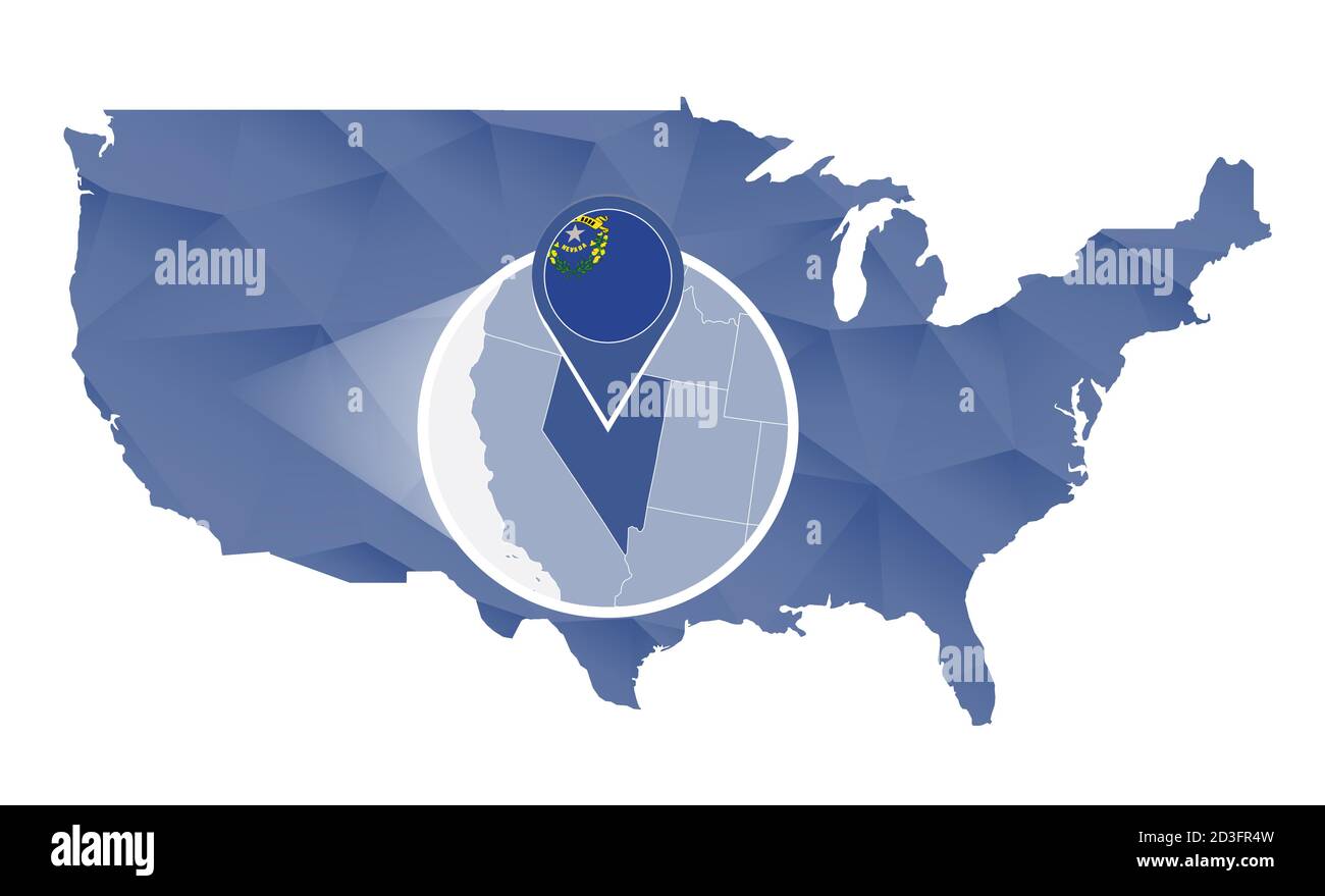 Nevada State magnified on United States map. Abstract USA map in blue ...