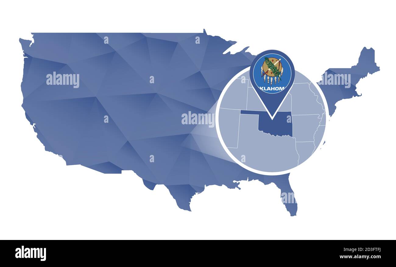 Oklahoma State magnified on United States map. Abstract USA map in blue ...