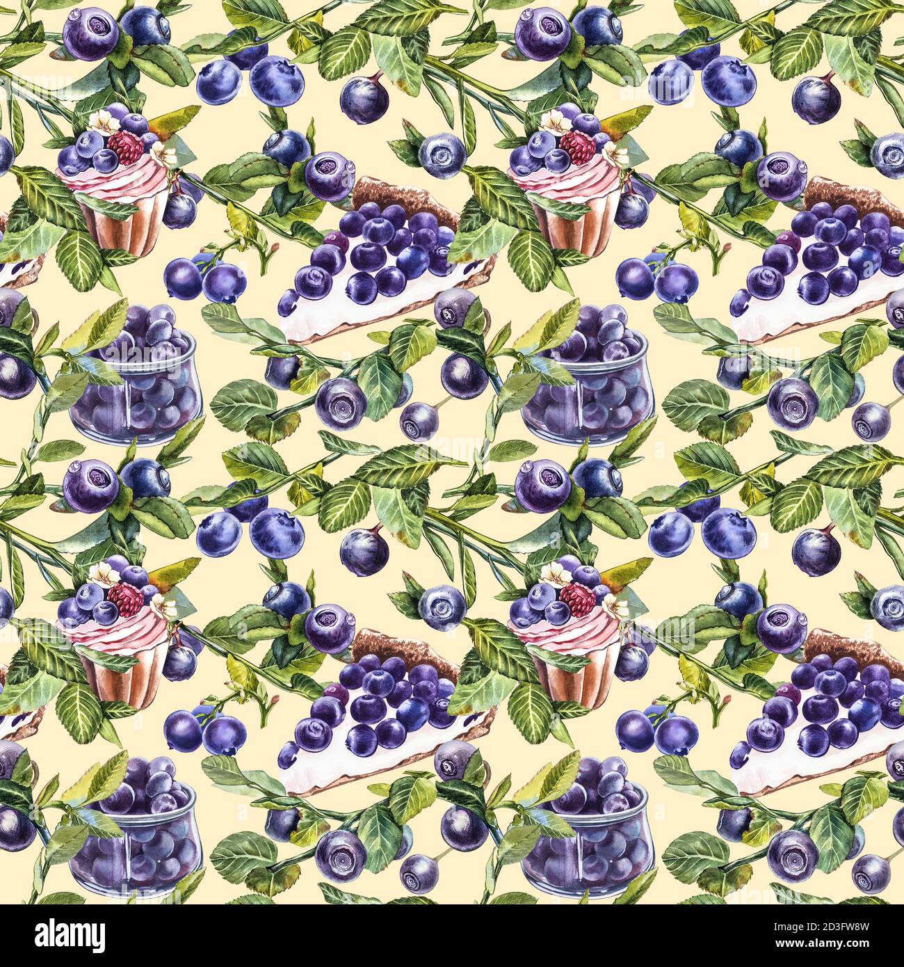 Blueberry. Seamless patterns. Watercolor botanical illustration. Hand ...