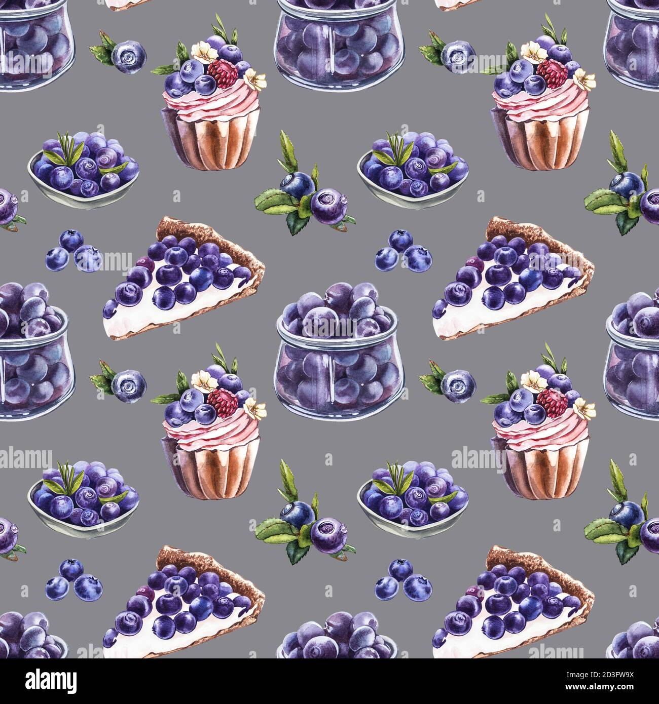 Blueberry. Seamless patterns. Watercolor botanical illustration. Hand ...