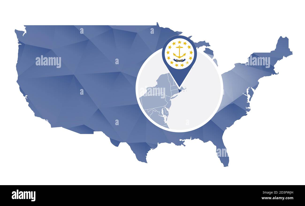 Rhode Island State magnified on United States map. Abstract USA map in ...