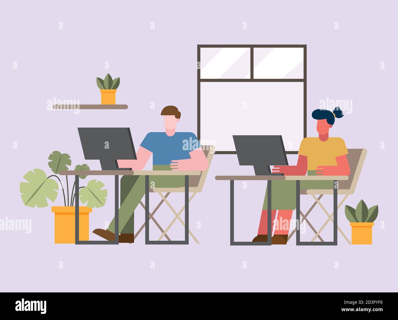Man and woman with computer working at desk from home design of ...