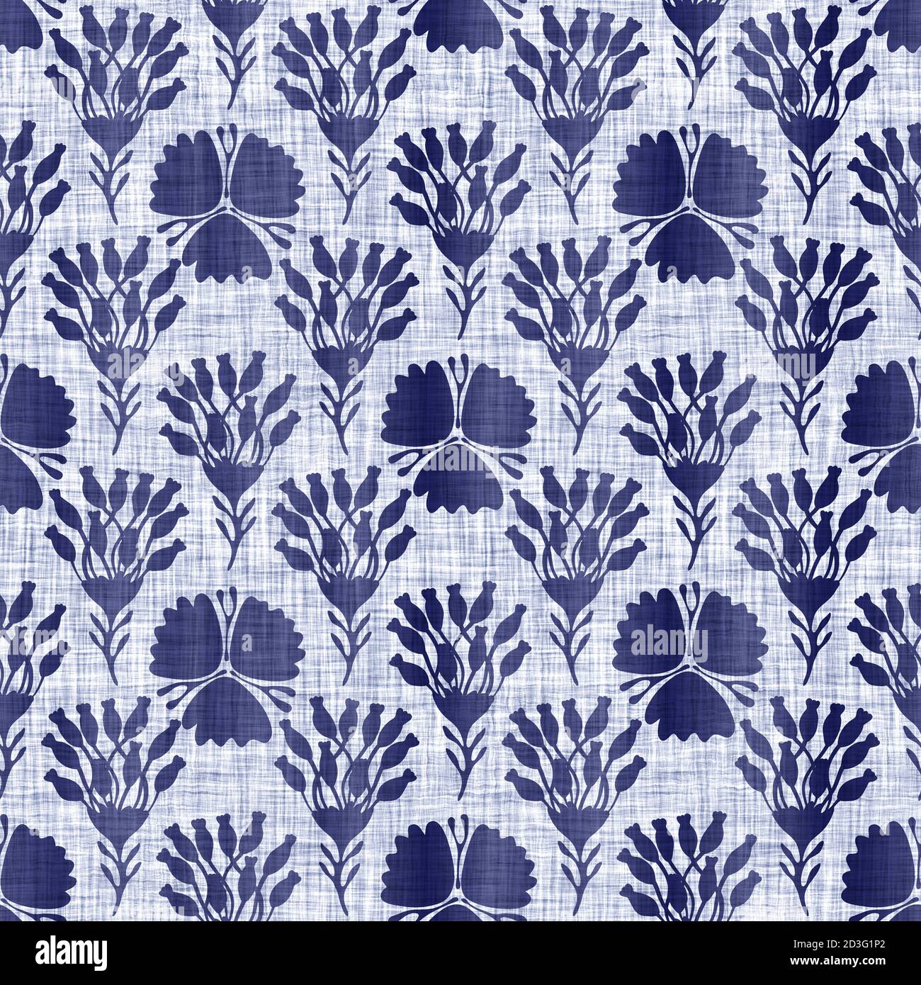 Indigo blue flower block print dyed linen texture background. Seamless ...
